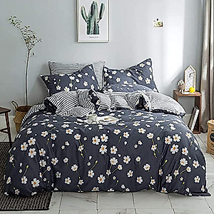 BuLuTu Navy Queen Comforter Cover with Daisy Queen Duvet Cover Set Floral Pattern for Girls 100% Cotton Comforter Cover for Teens,Girls,Ultra Soft Breathable Lightweight