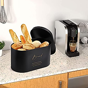 Hacaroa Set of 4 Bread Box and Canister Set for Kitchen Countertop, Metal Bread Bin Sugar Tea Coffee Storage Canister with Lid, Biscuit Tin Set for Loaf, Pastry, Dry Food, Black