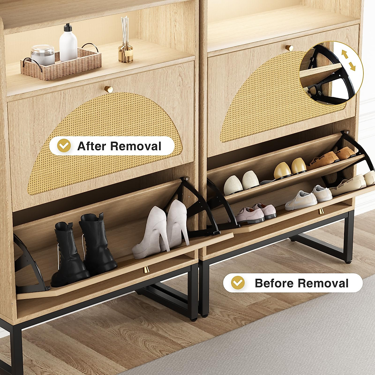 FiveWillowise Shoe Storage Cabinet, Shoe Cabinet with 2 Flip Drawers & Sensor Light, Entryway Slim Shoe Cabinet with Metal Frame, Hidden Shoe Qrganizer for Entrance/Hallway, Natural