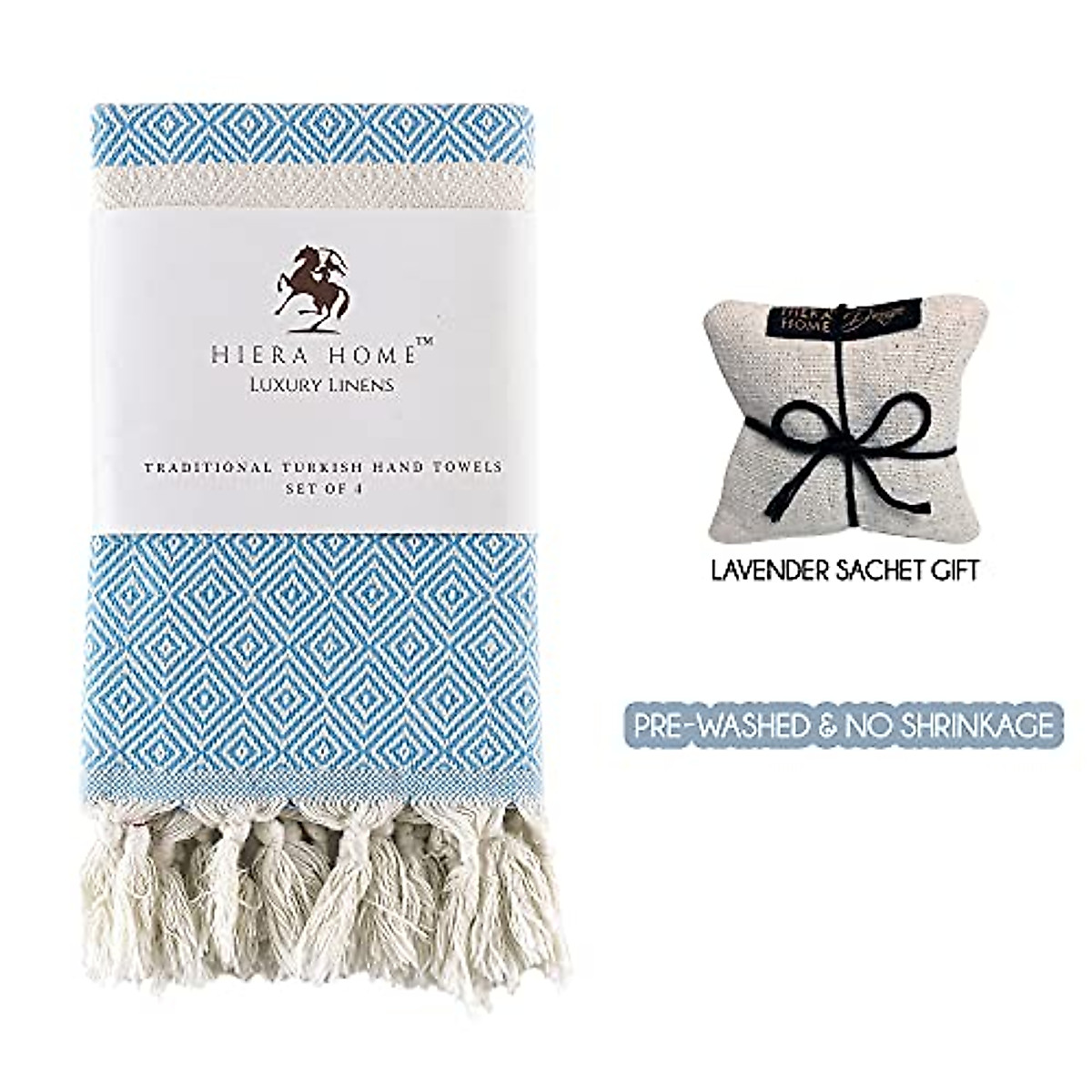 Hiera Home Turkish Hand Towels Set of 4 | 100% Cotton Decorative Towels for Bathroom, Kitchen, Gym, Yoga, SPA | Soft, Absorbent and Quick Dry Farmhouse Towels for Hands, Hair and Face | 19x39 inches