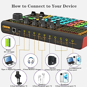 Sound Mixer Board, LED Light Voice Changer Sound Card with Multiple Sound Effects - Live Sound Card
