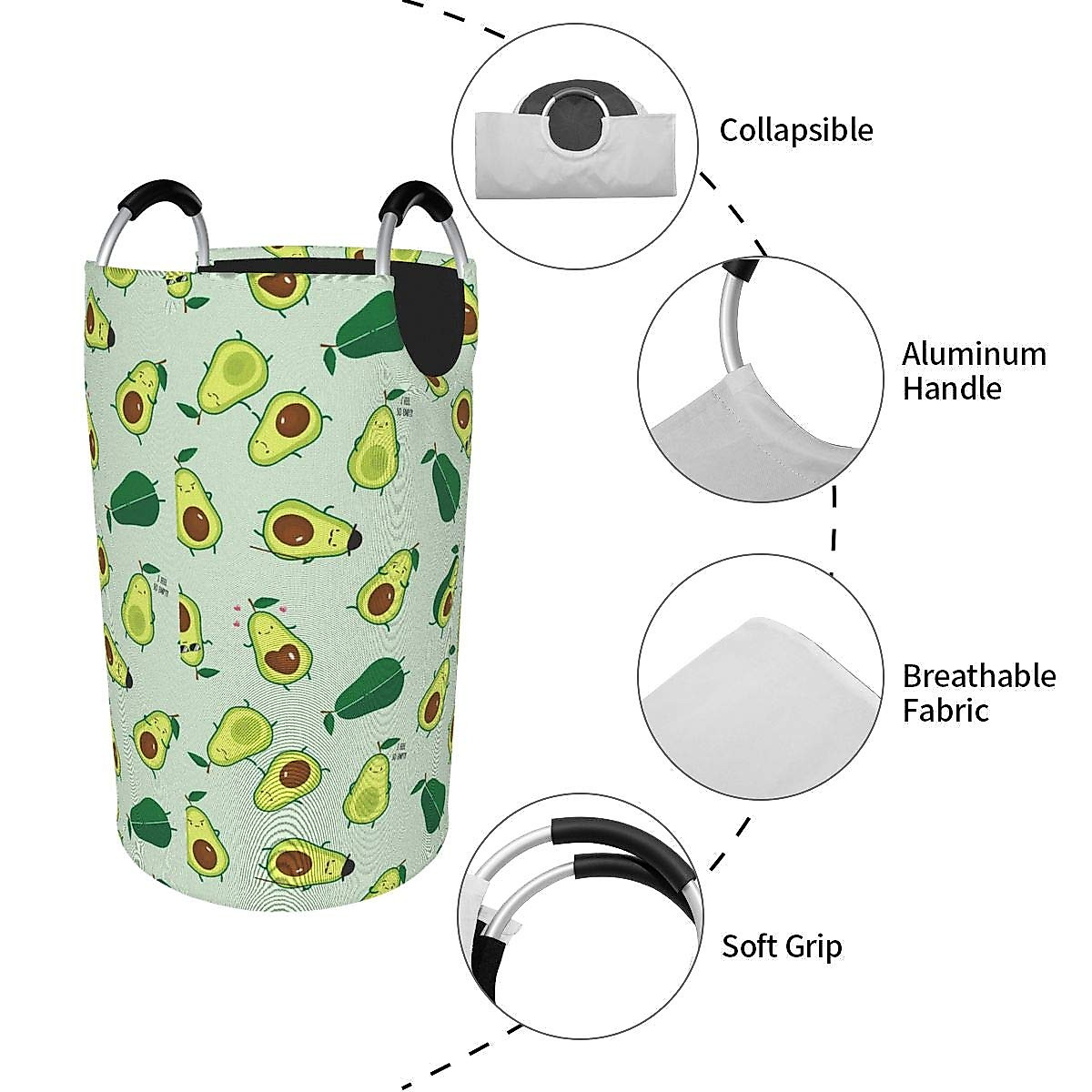 Dujiea 82l X-Large Laundry Basket Tall, Green Cute Avocado Collapsible Laundry Hampers with Aluminium Handles Big Clothes Basket Kids Laundry Bin Round Storage Basket for Dorm Room