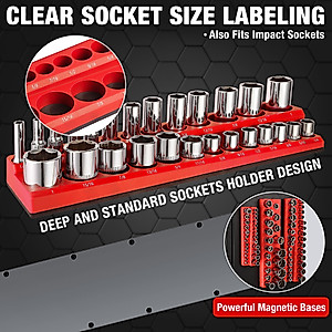 ALOANES 141-Slot Magnetic Socket Organizer, 6PC Socket Holder Kit, 1/2-inch, 3/8-inch, 1/4-inch Drive Socket Tray Holders,for Standard and Deep Metric SAE Sockets, Heavy Duty Organizer(Red&Blue)