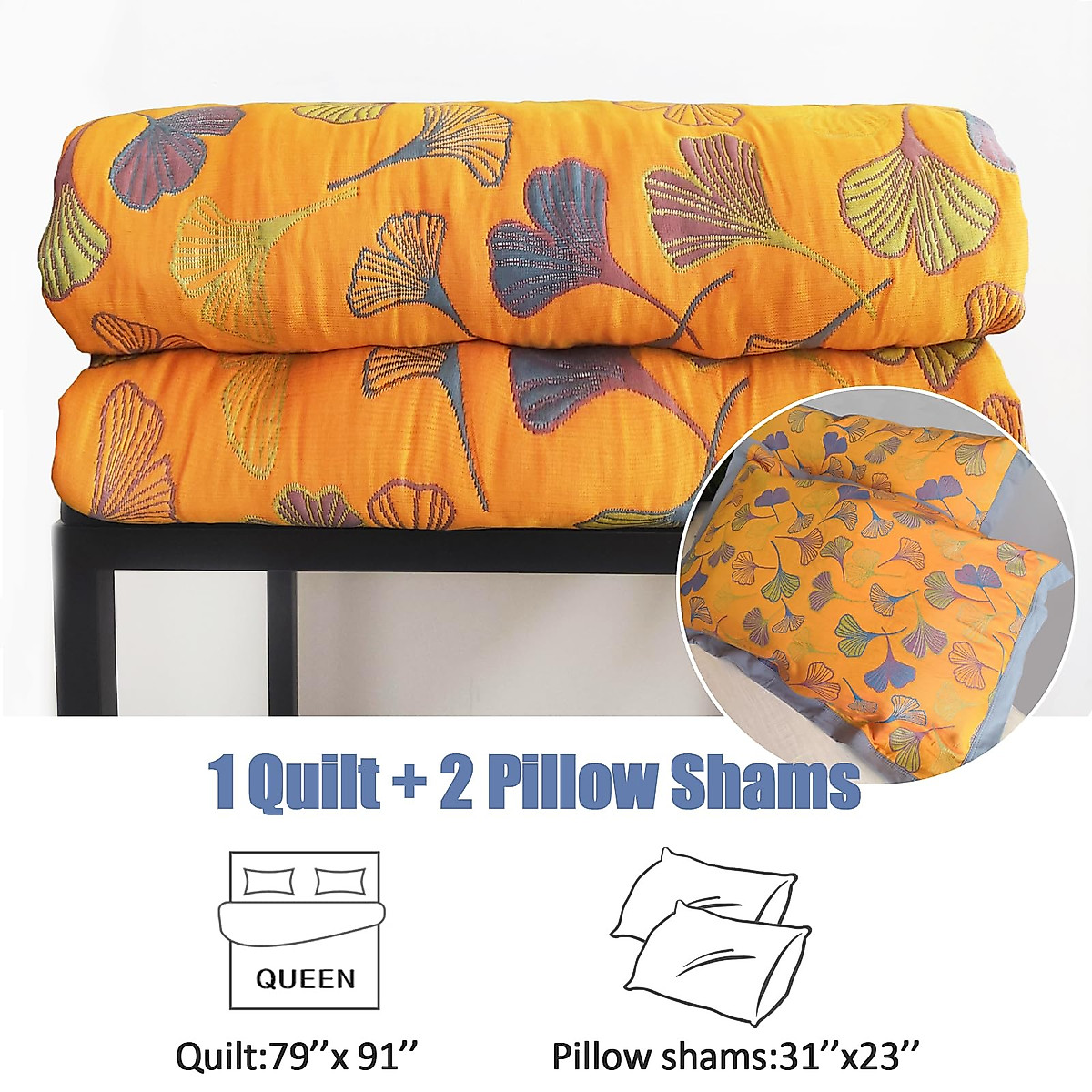 Ginkgo Queen Quilt Bedding Set 3 Piece Lightweight Cotton Queen Bedspread Coverlet Set for All Season Soft Reversible Quilt Set (Includes 1 Quilt, 2 Pillow Shams)