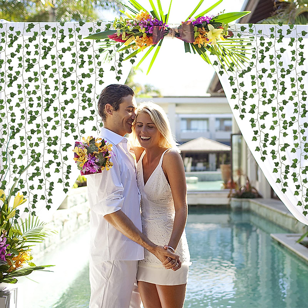 EZFLOWERY 12 Strands 84 Feet Artificial Ivy Vines Leaves, Silk Garland Fake Greenery Hanging Leaf Plants for Wedding, Wall Decor, Party, Room, Garden, Home Decor - Green