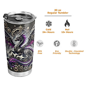 64HYDRO 20oz Steampunk Mechanical Dragon Tumbler, Engineer Mechanic Dragons, Gaming, Gamers Gifts for Dragon Lovers, Stainless Steel Double Wall Vacuum Insulated Coffee Mug, Travel Cup with Lid - F