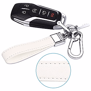 QBUC Genuine Leather Car Keychain,Universal Heavy Duty Metal Key Chain Accessories,Car Fob Key Keychain Holder with 360 Degree Rotatable Snap Swivel and Anti-Lost D-Ring for Men Women（White）