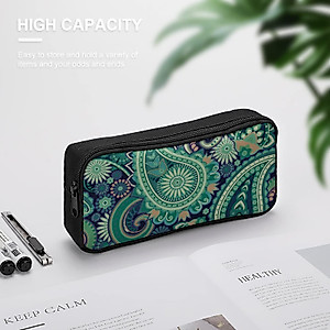 Green Paisley Pattern Pencil Case Stationery Pen Pouch Portable Makeup Storage Bag Organizer Gift