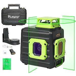 Huepar Cross Line Laser Level, Green 360° Horizontal and Two Vertical Lines, Self-Leveling Alignment Multi Line Laser Tool, Li-ion Battery with Type-C Charging Port & Hard Carry Case Included - B21CG