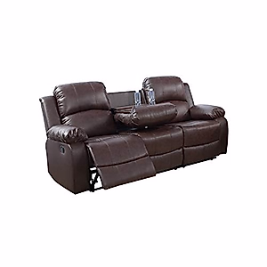 AYCP Living Room Reclining Sofa|Bonded Leather Upholstery|Manual Recliner Sofa with Drop Down Table & Cupholders (Brown, Sofa), (GS28XX)