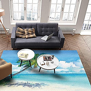 Large Rectangular Area Rugs 3' x 5' Living Room, Hand Painted Tropical Plants Coconut Tree Beach Blue Sky White Clouds Durable Non Slip Rug Carpet Floor Mat for Bedroom Bedside Outdoor