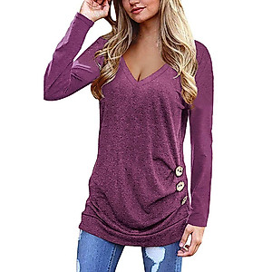 Womens Tops Ladies Long Sleeve Fall Shirts V Neck Casual Blouses Loose Fitting Tees Plain Color Tunics Dressy Clothes Style Fashion Trending Camisas Blusas de Mujer Moda Playeras Fuchsia Large