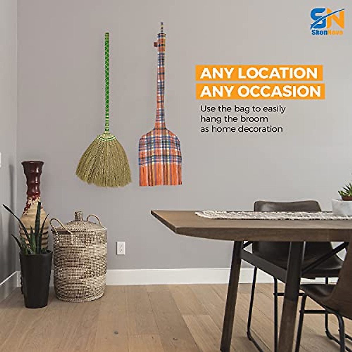 SN SKENNOVA - Asian Broom Thai Pattern Vintage Retro Natural Grass Broom Handmade (Blue)