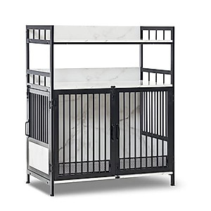 MCombo Furniture Style Dog Crate with Storage Shelves, Heavy Duty Wooden Dog Crate End Table, Triple Doors Dog House Home Indoor Use, 1368 (White)