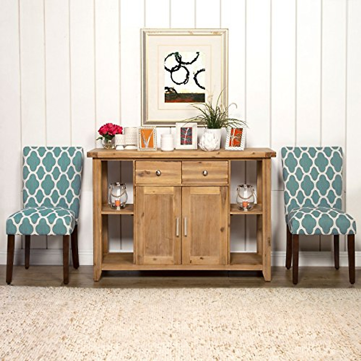 HomePop Parsons Classic Upholstered Accent Dining Chair, Set of 2, Teal and Cream Geometric