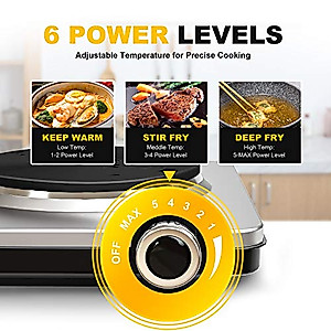 GIVENEU Electric Double Burner Hot Plate for Cooking, 1800W Portable Electric Stove, 6 Speed Adjustable Thermostats, Stainless Steel Hot Plate for Kitchen, Dorm and Camping