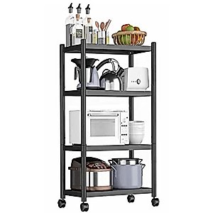 JEPRECO 4-Tier Stainless Steel Utility Shelving Unit with Wheels 23.6" L x 13.8" W x 43.5" H, Kitchen Baker's Rack Microwave Stand Cart for Kitchen Office Home, Multi-Purpose Organizer Rack (Black)