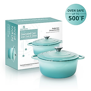 Trustmade 4.5 QT Cast Iron Dutch Oven, Enamel Coated Cookware Pot with Self Basting Lid for Home Baking, Braiser, Cooking, Aqua