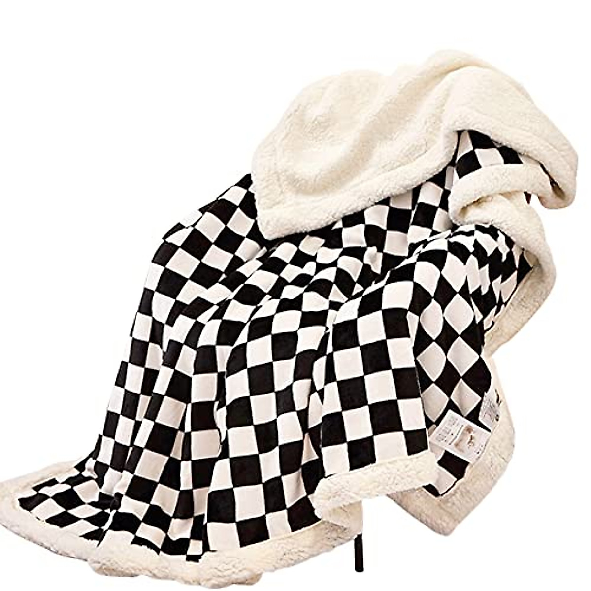 Queenshin Checkerboard Plaid Fluffy Sherpa Fleece Blankets Twin Size 60 * 80 Inch, 500 GMS Christmas Double Bed Snuggle Throws for Couch Sofas, Black and White