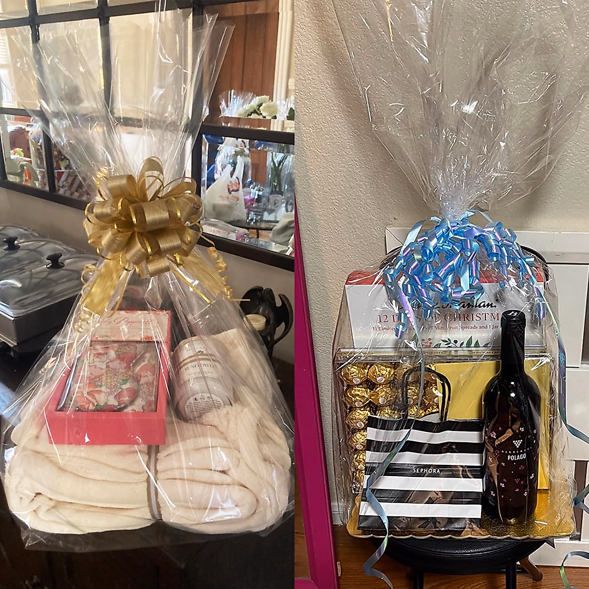 Amsthow Large Cellophane Basket Wrap Bags 22 x 32-inch Clear Basket Wrap Bags 10CT Basket Cellophane Wrap Gift Bags Plastic with Bows for Gift Baskets Weddings (22 x 32-inch