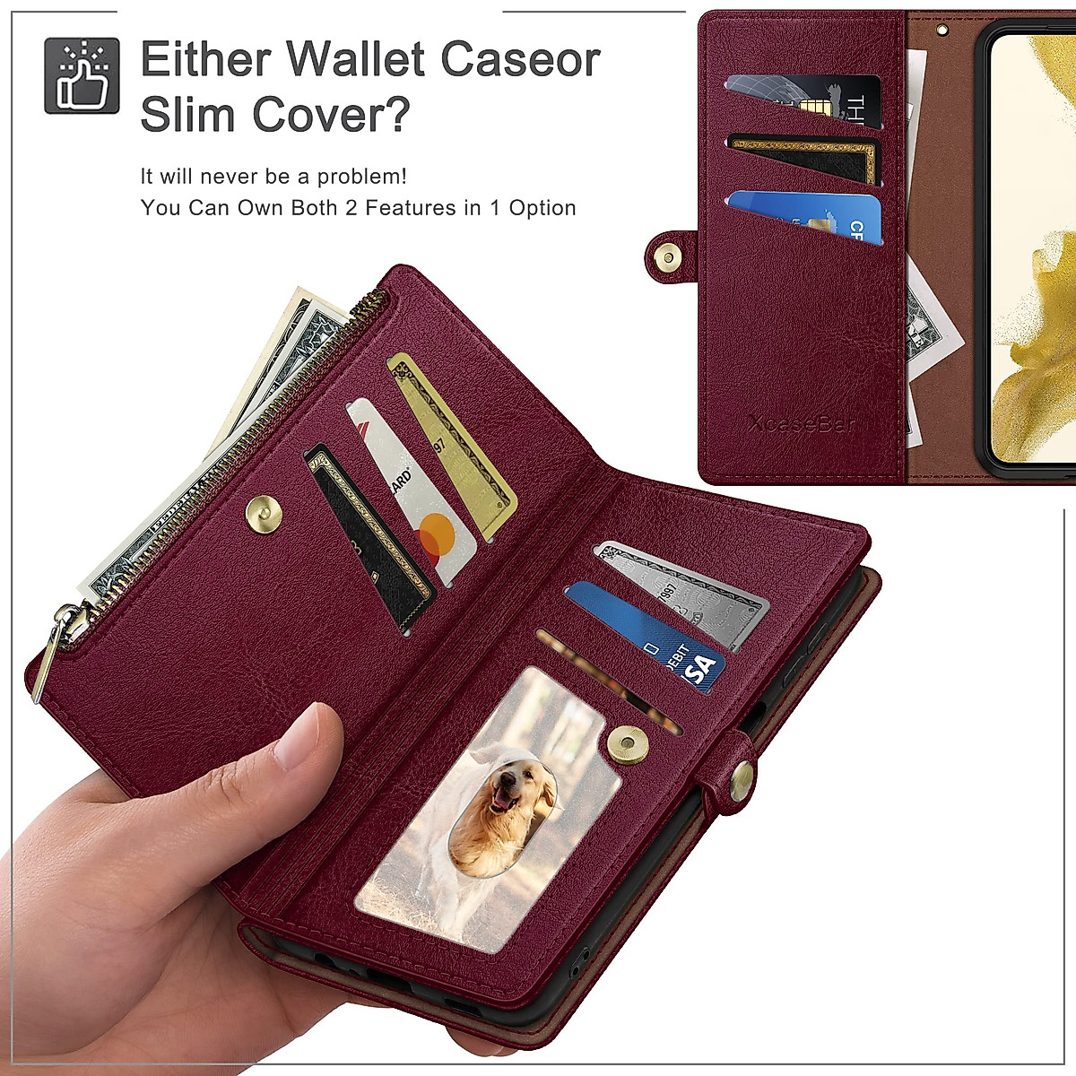 XcaseBar for Samsung Galaxy S23 Ultra Wallet case with Zipper【RFID Blocking】 Credit Card Holder, Flip Folio Book PU Leather Phone case Shockproof Cover Women Men for Samsung S23Ultra case Wine Red