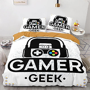 OUJIE 3D Modern Video Game Controller Bedding Set 200 x 200 cm Single Person Black and White Graffiti Duvet Cover Gamer Gamepad Zip Closure with 2 Pillowcases for Bedroom Decoration