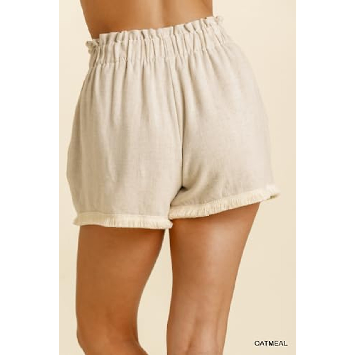 Umgee Linen Blend Elastic Waistband Paperbag Shorts with Pockets and Frayed Hem Oatmeal