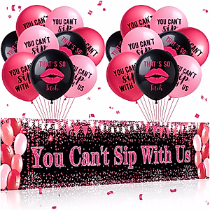 Bachelorette Party Decorations Black Pink Black You Can't Sip With Us Banner and 18 Pcs That's So Fetch Balloons for Girls Women Y2K Bridal Shower Early 2000s Birthday Party Supplies