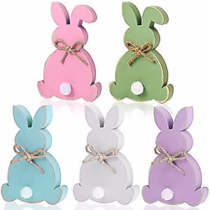 5 Pcs Easter Bunny Wooden Signs Bunny Decor Easter Tabletop Decor Rabbit Shape Table Sign with Jute Rope and Hairball Tail Freestanding Easter Table Decorations for Party (Purple, Pink, Blue, Green)