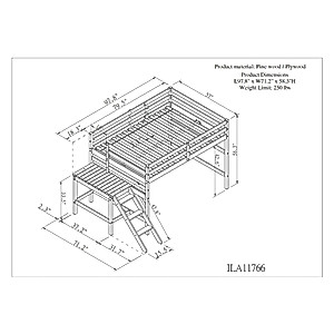 Polibi Full Low Loft Bed with Attached Platform and Ladder, Space-Saving Full Size Wooden Loft Bed, Grey