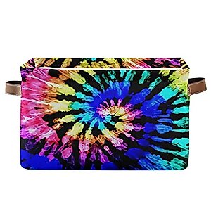 Gougeta Foldable Storage Basket with Handle, Tie Dye Rainbow Colorful Rectangular Canvas Organizer Bins for Home Office Closet Clothes Toys 2 Pack