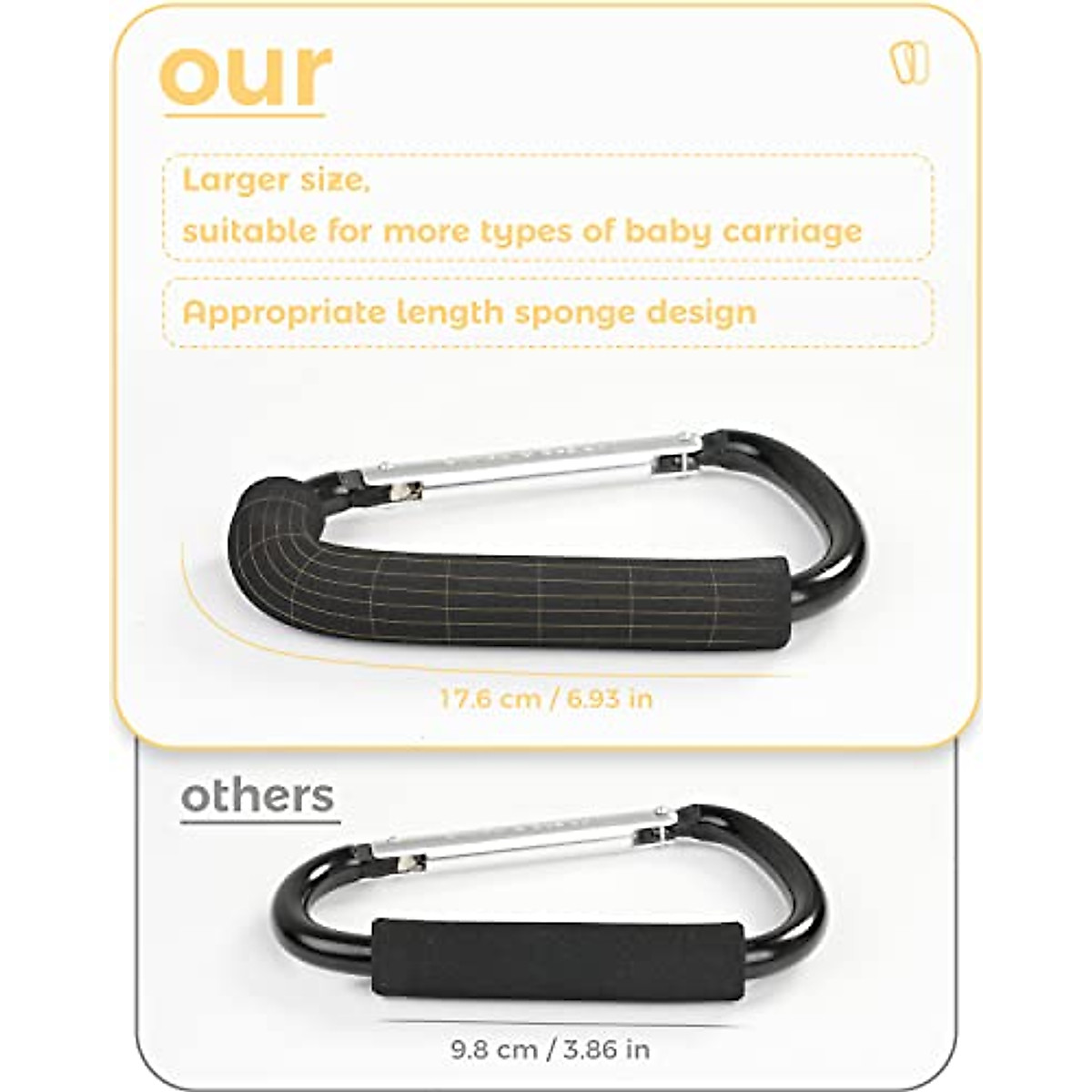 Stroller Hooks, 6.3" Large Stroller Clip, 2 Pack Stroller Hooks for Hanging Bags and Shopping, Stroller Accessories for Mommy, Large Carabiner