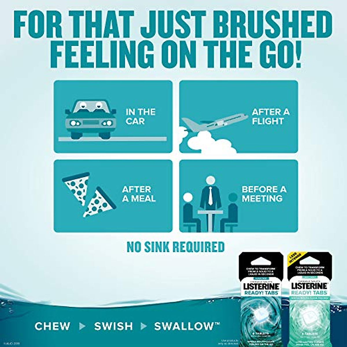 Listerine Ready! Tabs Chewable Tablets with Soft Mint Flavor, Revolutionary 4-Hour Fresh Breath Tablets to Help Fight Bad Breath On-the-Go, Sugar-Free, Alcohol-Free & Gluten-Free, 8 ct