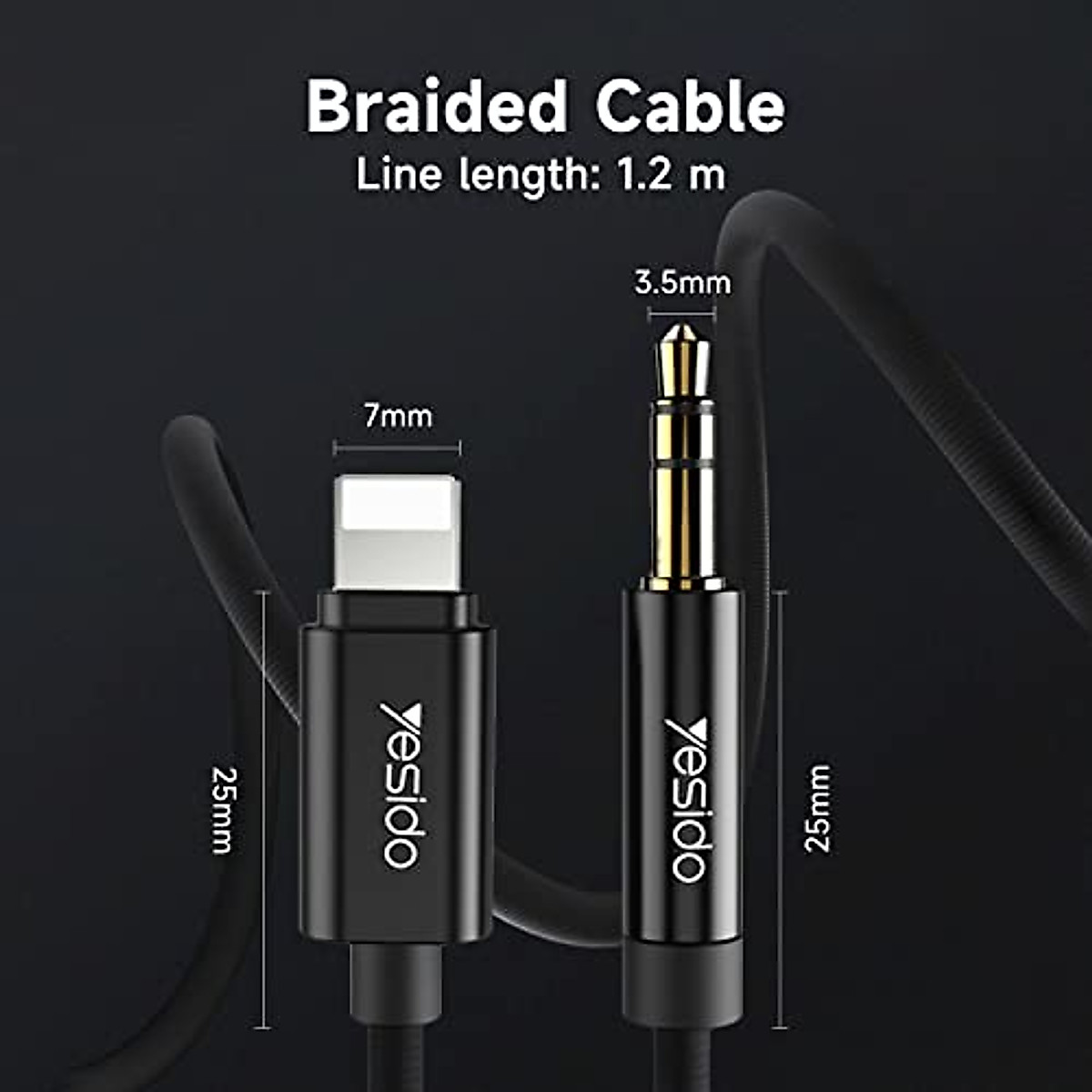 YESIDO Aux Cord for iPhone, 3.5mm Aux Cable for Car, Headphone, Speaker and Home Stereo, Compatible with iPhone 13/12/11/XS/XR/X 8/iPad/iPod, Support iOS 15-1.2M/3.94ft(Black)