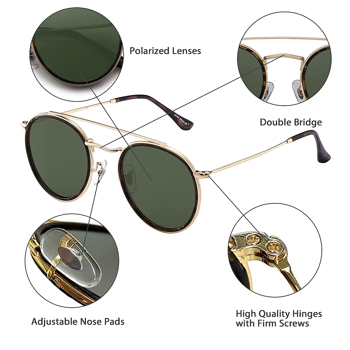 JIM HALO Small Polarized Round Sunglasses for Women Vintage Double Bridge Frame (Gold Frame/Polarized Green Lens)