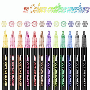 OLINGYOU Outline Markers, 12 Colors Shimmer Markers Set, Self Outline Metallic Outline Marker Pen Set for Art, Drawing, Doodling, Card Making, Greeting Cards, DIY Crafts
