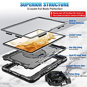CaseBot Shockproof Case for Samsung Galaxy Tab S8 Plus 2022/S7 FE 2021/S7 Plus 2020 12.4 inch with Screen Protector, 360° Rotating Kickstand Rugged Heavy Duty Hybrid Cover w/Hand Shoulder Strap,Black