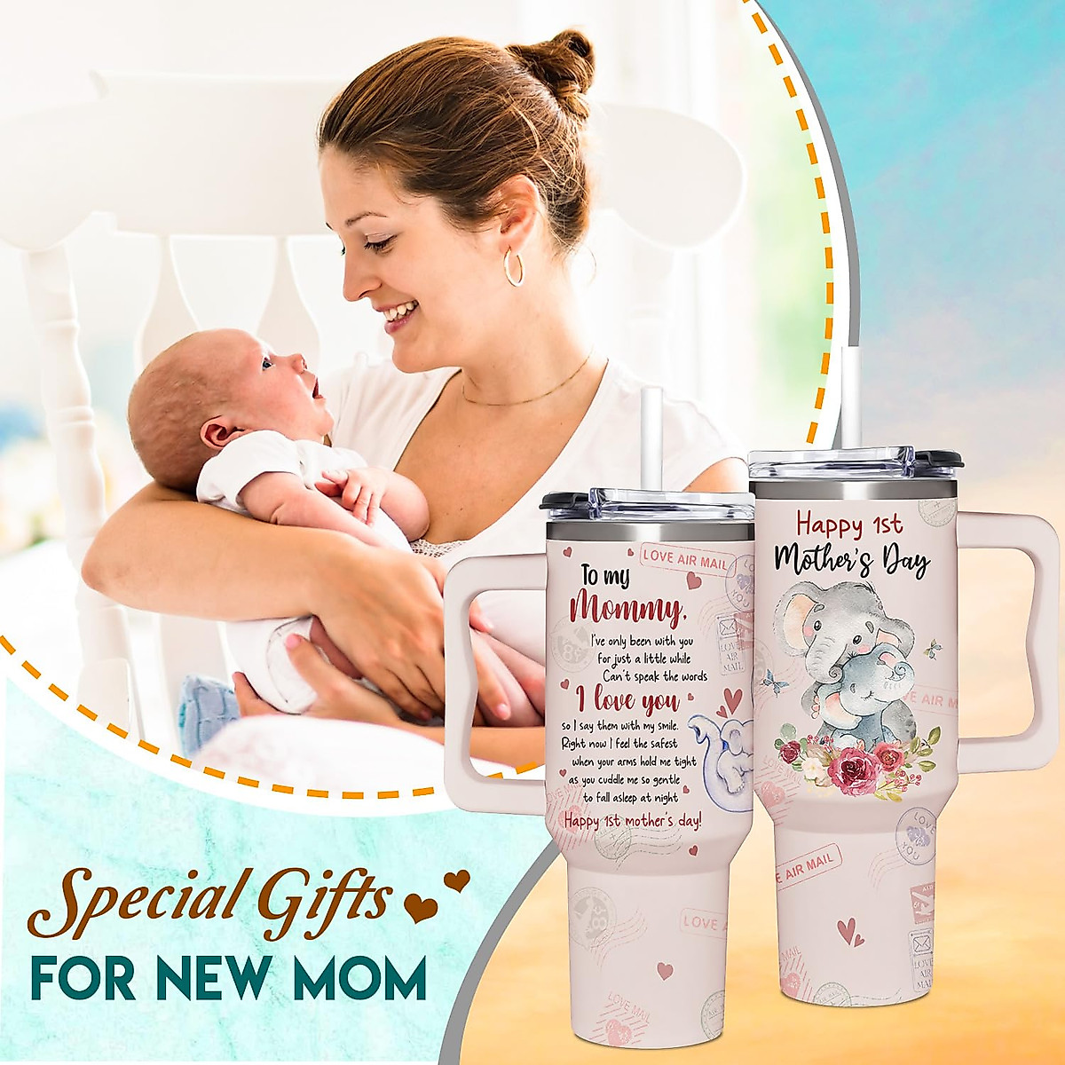 TAMUNBEE First Mothers Day Gifts For New Mom, Daughter From Baby, Sister, Son - 1st Mothers Day Gifts From Husband - First Time Mother Presents - Elephant 40oz Tumbler With Handle for Woman