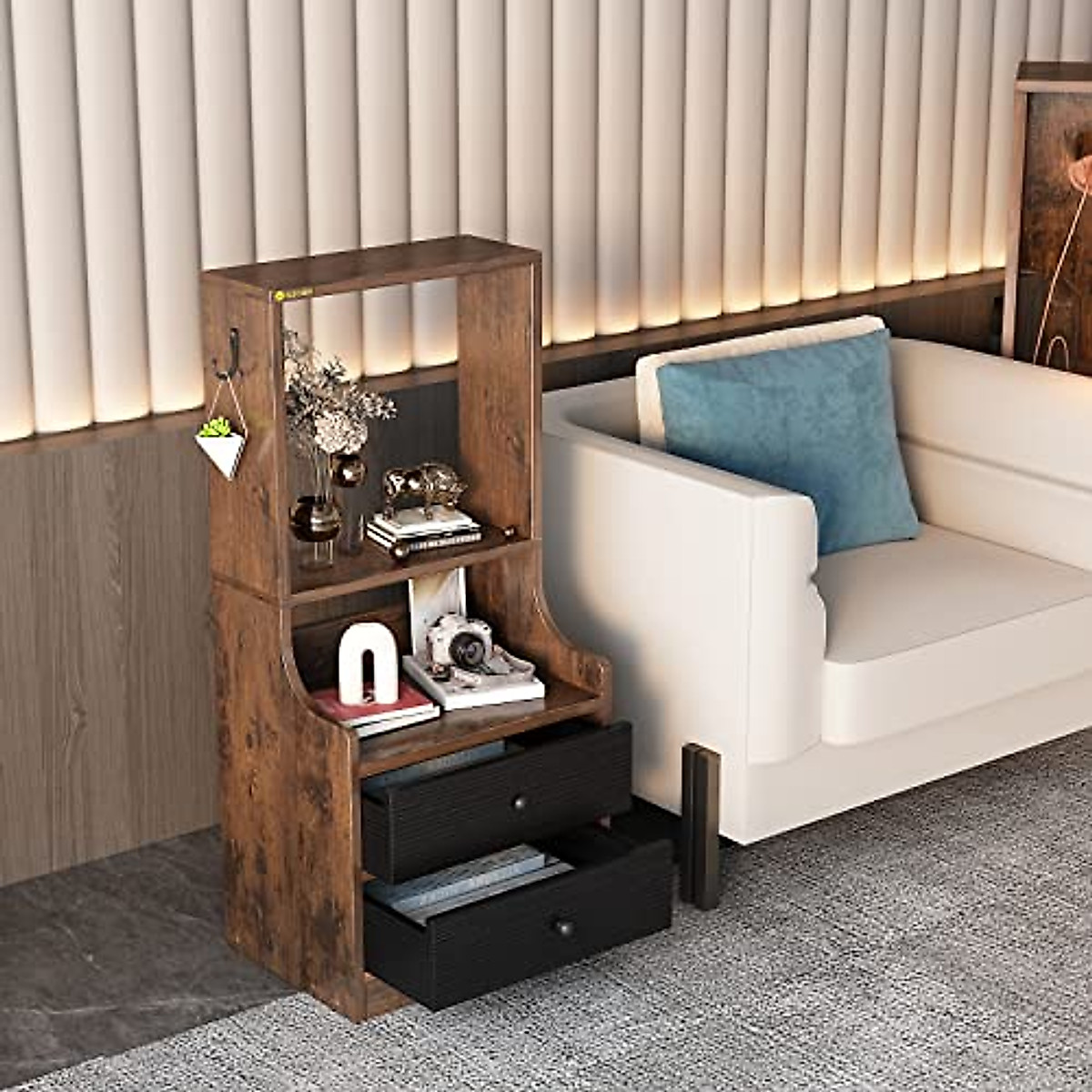 ALISENED 2 Tier Bookshelf, Tall Bookcase with 2 Storage Drawers, Display Standing Shelf Units, Wood Storage Shelf for Living Room, Bedroom, Home Office, Rustic Brown