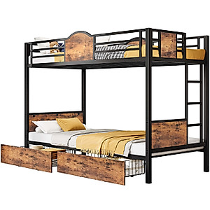 LIKIMIO Bunk Bed Twin Over Twin with Ladder and MDF Board Guardrail, Twin Bunk Beds with 2 Storage Drawers, Space-Saving, Noise Free, Black