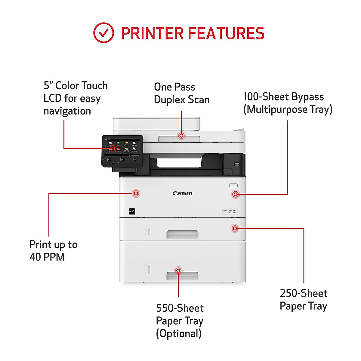 Canon imageCLASS MF453dw All-in-One Wireless Monochrome Laser Printer | Print, Copy, & Scan| | 5" Color Touch LCD | One Pass Duplex Scan
