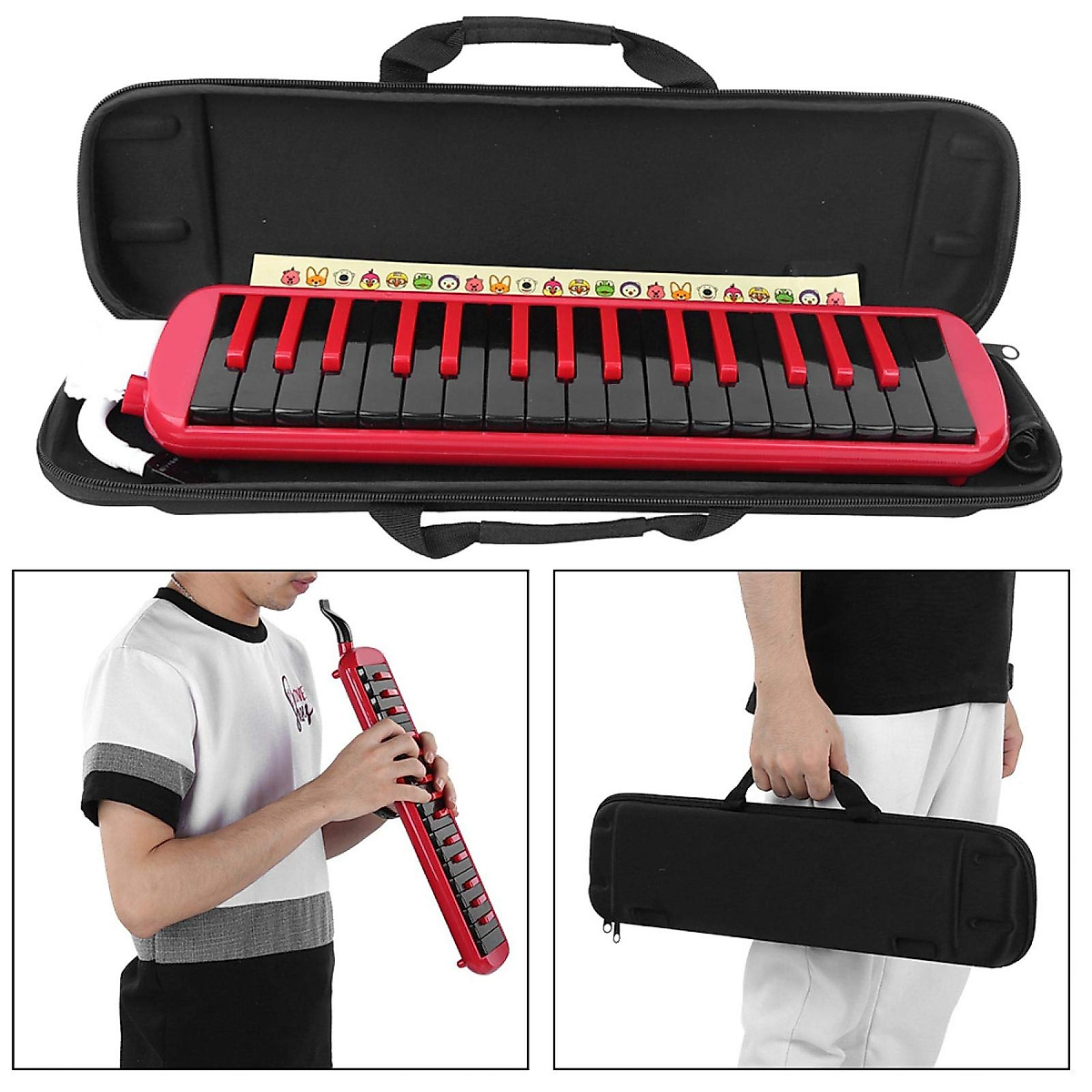 F-32s 32 Key Melodica Set Piano Style Portable Wind Musical Instrument with Mouthpiece Tube and Carrying Bag Suitable for Beginner Practice Gift (Red)
