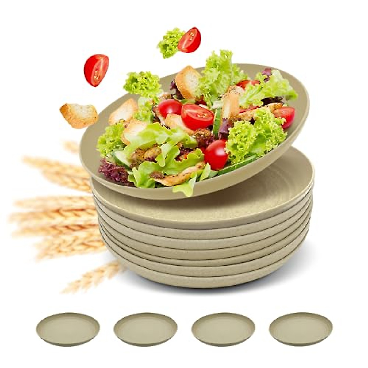 Yemyep Wheat Straw Plates 9 Inch Dinner Plates Set of 8, Microwave&Dishwasher Safe, Unbreakable Plastic Plates, Reusable, Lightweight Plates for kitchen, camping, Party(Beige)