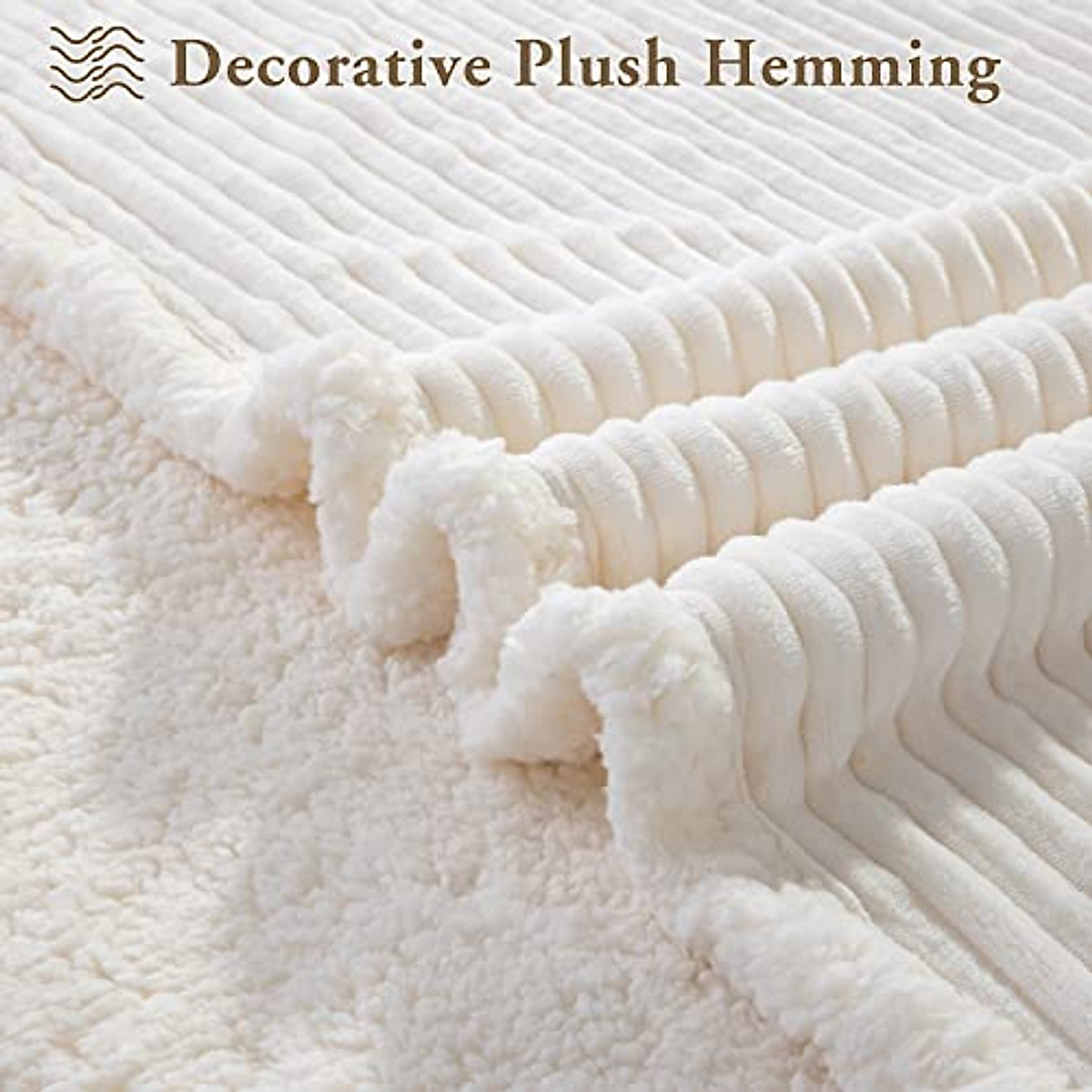 LBRO2M Striped Sherpa Fleece Bed Blanket Queen Size, Super Soft Fuzzy Plush Warm Cozy Fluffy Microfiber Couch Throw Velvet Double Reversible Luxurious Blankets (90x90),Ivory