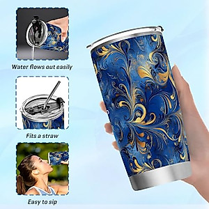 sanluoli Blue Gold Irregular Grain Stainless Steel coffee cup travel with Straw Lid coffee mugs with lids for café leakproof insulated tumbler 20 OZ