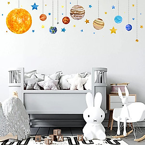 Planets and Space Wall Decals, Removable Solar System Wall Stickers, Cartoon Stars Wall Décor, Peel and Stick Universe DIY Art Murals Vinyl Wallpaper for Kids Boys Bedroom Nursery Decoration