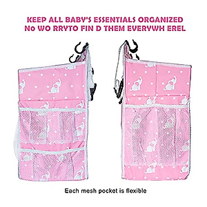 Selbor Baby Nursery Organizer and Diaper Caddy, Hanging Diaper Stacker Storage for Changing Table, Crib, Playard - Nursery Organization for Newborn (Pink Starry Elephant, Bottle Cooler Included)