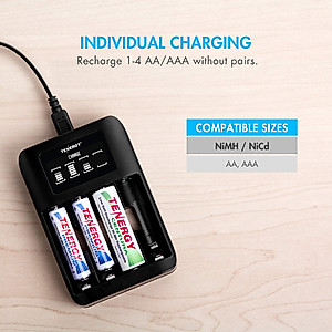 Tenergy TN474U 4-Bay NiMH/NiCD Battery Charger with LCD Display and USB Input, Portable Charger for AA/AAA NiMH and NiCD Batteries