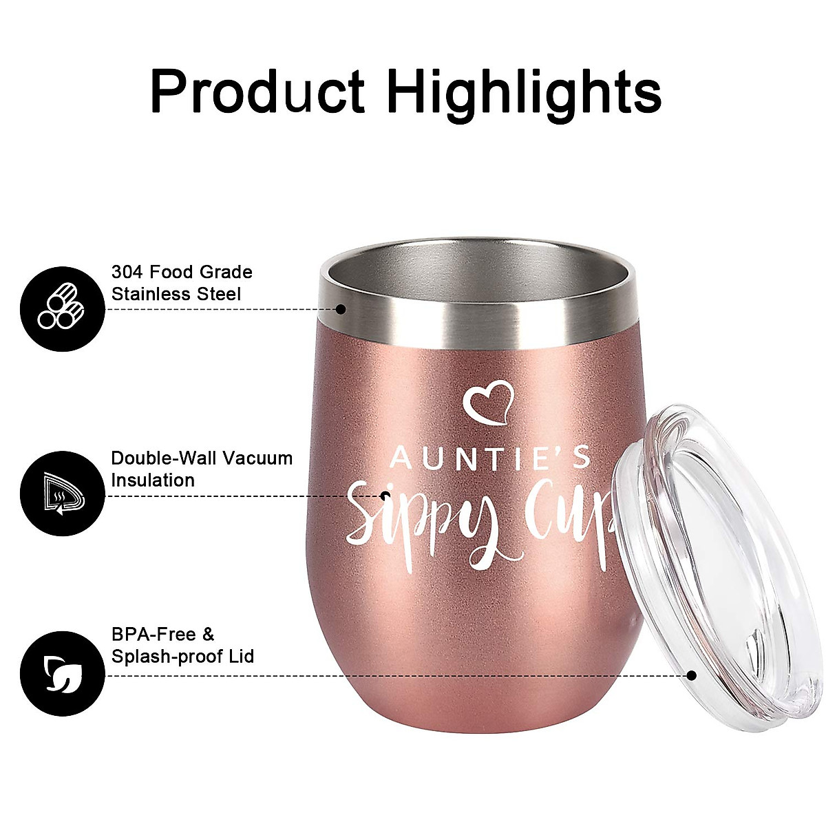 Gifts for Aunt Auntie's Sippy Cup Wine Tumbler with Lid, Birthday Mothers Day Gifts for Aunts New Best Aunt Gifts from Niece Nephew, 12 Oz Funny Insulated Stainless Steel Tumbler with Straw, Rose Gold