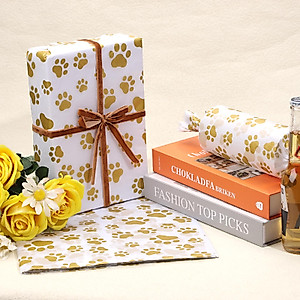 30pcs Dog Paw Tissue Paper, 20x14in Cute Paw Print Tissue Paper Gift Wrap Paper Puppy Paws Tissue Paper Sheets for Gift Packaging Wedding Birthday Party Supplies(Gold)